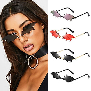 Ovida Bat Sunglasses Rimless Goth Glasses for Women Men Halloween Party Glasses Trendy Eyewear UV 400 Protection
