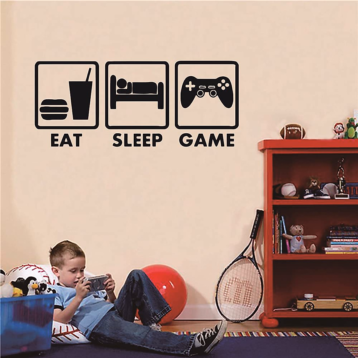 Boys Room Controller Joysticks Wall Sticker Quotes Eat Sleep Games Letter Art Wall Decor Sticker for Kids Boys Room Play Room Art Decal Y-212 (Black, 57X25CM)