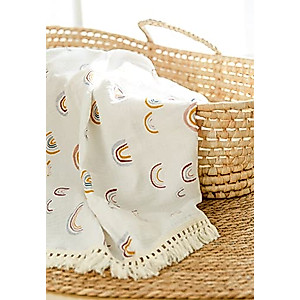CHUNGEL Cotton Baby Muslin Tassles 40"x 47", Baby Receiving Blanket with Fringe, Boho Muslin Swaddle Blanket with Fringe - Rainbow