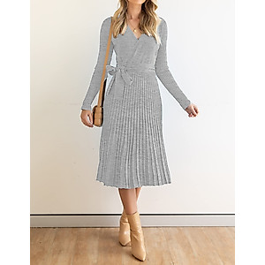 ZESICA Women's Fall Long Sleeve Wrap V Neck Ribbed Knit Pleated A Line Pullover Sweater Dress with Belt,Grey,Small