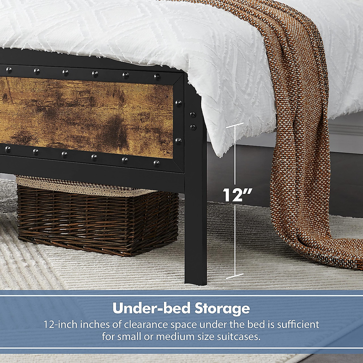 Yaheetech Full Bed Frame Metal Bed with Rivet Design Wooden Headboard&Footboard, Modern Rustic Style/No Box Spring Needed/Easy Assembly, Rustic Brown Full Bed