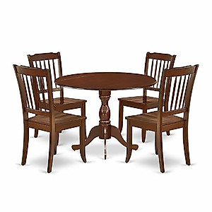 East West Furniture DMDA5-MAH-W 5 Piece Dining Set Includes a Round Dining Table with Dropleaf and 4 Kitchen Chairs, 42x42 Inch, Mahogany
