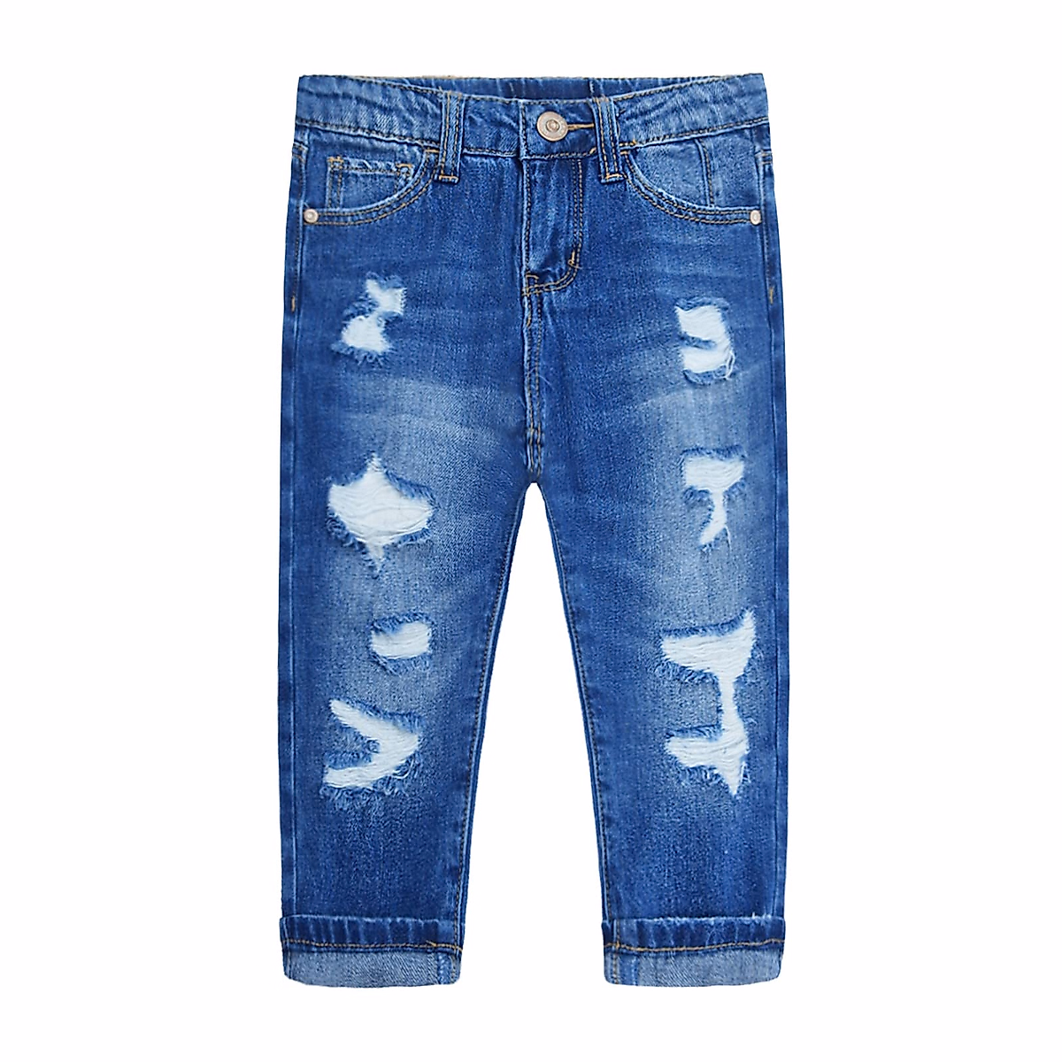 KIDSCOOL SPACE Baby Girl Boy Jeans,Little Kid Elastic Band Inside Ripped Denim Pants,Blue,12-18 Months