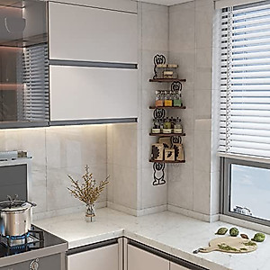 Vasemouh Corner Floating Shelf with Unique Bear Iron Decor, 4 Tier Wall Mount Wood Rustic Shelves for Bathroom, Living Room, Bedroom, Nursery, Office