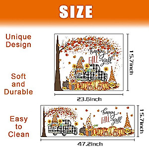 delaimastor Fall Gnome Pumpkin Decorative Kitchen Mats Set of 2, Fall Halloween Thanksgiving Rustic Yard Low-Profile Floor Mat for Kitchen, Gnome Plaid Maple Leaves Seasonal Decorative Floor Mat