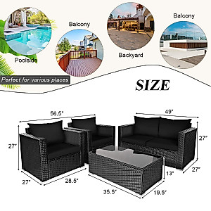 DORTALA 4PCS Patio Rattan Furniture Set, Sofa Set w/Conversation Set w/Seat & Back Cushions, Outdoor Sectional Chair Set for Poolside, Black