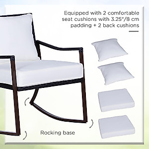 Outsunny 3 Piece Patio Rocking Bistro Set, Outdoor PE Rattan Wicker Rocking Chairs with Cushioned, Pillows, Two-Tier Glass Storage Shelf Coffee Table, Cream White