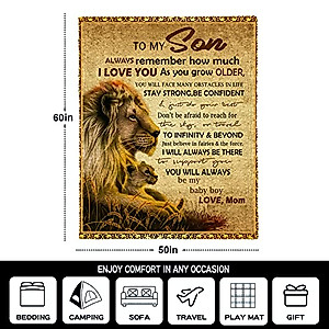 to My Son Blanket from Mom Love Letter Lion Gifts for Son Soft Cozy Flannel Throw Blankets with Pictures for Birthday Children's Day 60" x 50"