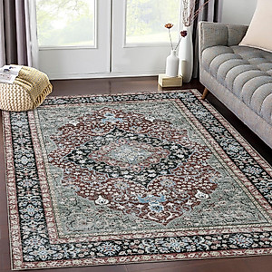 CAROMIO Vintage Area Rug 5x7 Machine Washable Oriental Distressed Carpet Rug Stain Resistant Non-Slip Accent Rug Retro Medallion Coffee Table Rug Farmhouse Dining Office Bedroom Decor, Red/Black