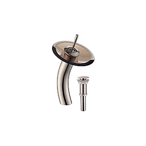 Single Lever Vessel Glass Waterfall Bathroom Faucet Satin Nickel with Brown Clear Glass Disk and Matching Pop Up Drain