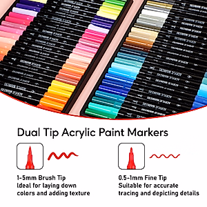 Pagather 48 Colors Acrylic Paint Markers, Dual Tip with Fine Tip and Brush Tip Pens for Stone, Wood, Calligraphy, Canvas, Ceramic, Metal, Glass, Rock Painting, DIY Crafts