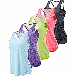 5 Pack Women's Workout Tops, Athletic Racerback Tank Tops for Women, Mesh Sleeveless Shirts Yoga for Gym Running (Set 3, Large)