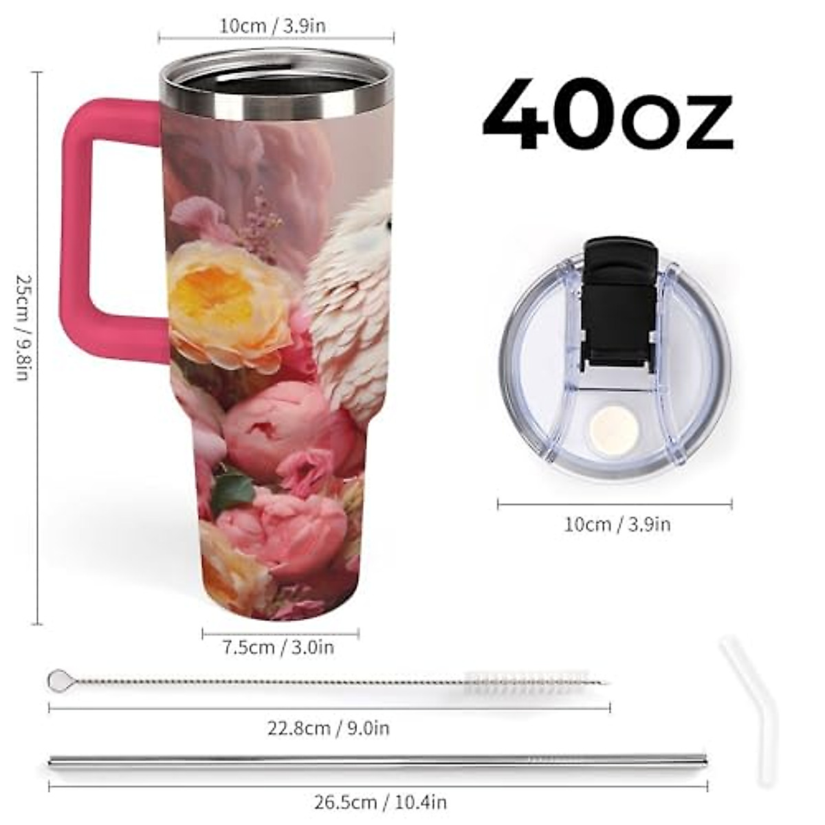 Flower Bird Peony Parrot 40 Oz Car Cup Stainless Steel Travel Mug Leak-Proof Insulated Tumbler with Handle Light Rose Red-style