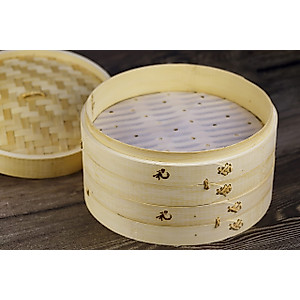 YUHO Bamboo Steamer Basket 12-inch, 2-Tier Steamer for Cooking, 10 Liners, Steaming Asian Food, Bao Buns, Chinese, Dim Sum, Dumpling, Rice, Vegetable Steam Pot