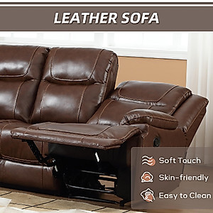 EBELLO Genuine Leather Manual Reclining Sofa, 3 Seat Recliner Sofa, Couch for Living Room, Bedroom Furniture, Meeting Room, Brown (3 Seat Sofa)