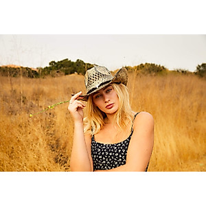 Western Outback Cowboy Hat Men's Women's Style Straw Felt Canvas (034 Brown Bull Head)