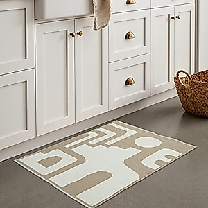 LIVEBOX Abstract Geometric Rug 2' x 3' Washable Small Bathroom Rugs Modern Khaki Cotton Woven Door Mat Concise Reversible Carpet for Bedroom Hallway Entryway Laundry Room
