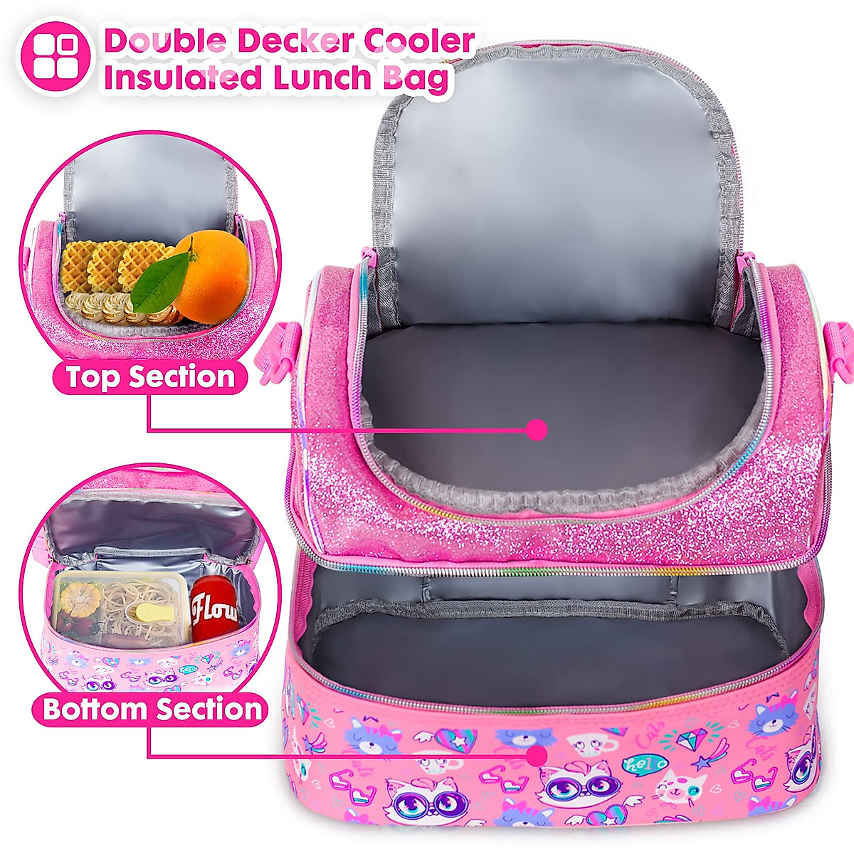 YOYTOO Kids Double Decker Cooler Insulated Lunch Bag Large Tote for Boys, Girls, Men, Women, with Adjustable Strap, Cat