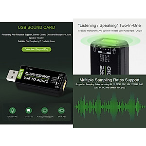 Waveshare USB Sound Card for Raspberry Pi/Jetson Nano USB Audio Module External Audio Converter Recording and Playback Support Stereo Codec Onboard Microphone and Speaker Header No Driver Required
