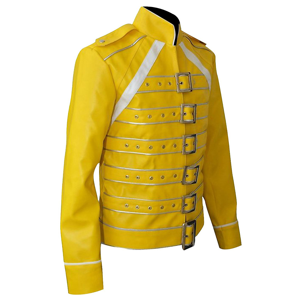 CHICAGO-FASHIONS Mens Freddie Concert Belted Motorcycle Yellow Faux Leather Mercury Costume, Freddie Mercury Jacket, Medium