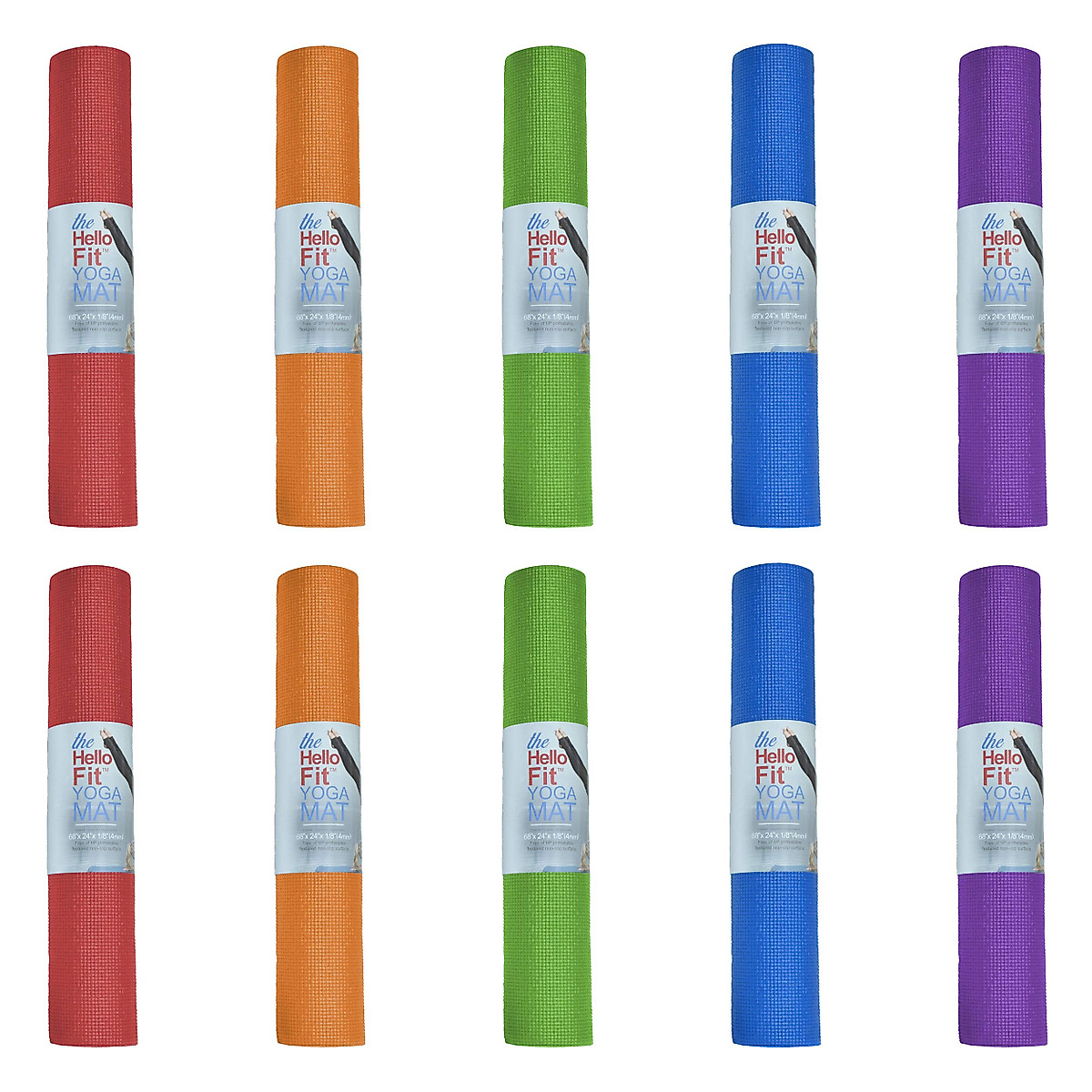 Hello Fit 10-Pack Yoga Mat, 68" x 24" Non Slip Exercise Mat, 4mm Thick Gym Mat for Fitness and Stretching, Bulk Non Toxic Yoga Mats for Schools and Studios, Assorted
