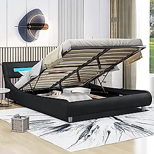 MWrouqfur Low Profile Upholstered Platform Bed with LED Lights Headboard, Hydraulic Lifting Under Bed Storage, Modern Curved PU upholstered Low Profile Platform Bed Frame for Kids Teens Adults