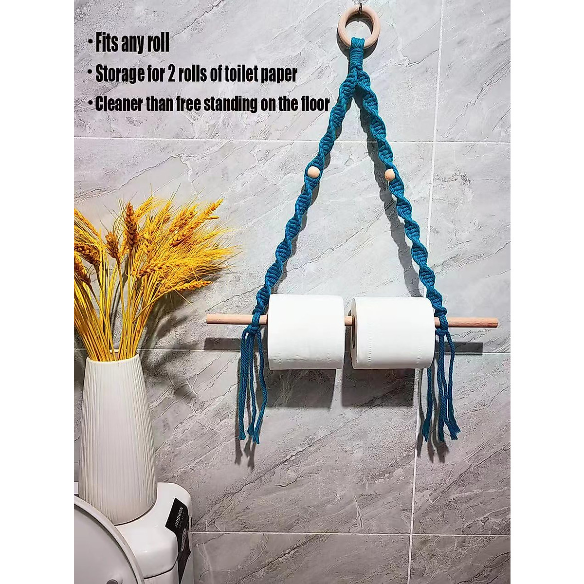 Blue Macrame Paper Towel Holder Wall Mount for Kitchen and Bathroom Decor ,Boho Paper Towel Hanger ,Toilet Paper Towel Hanging