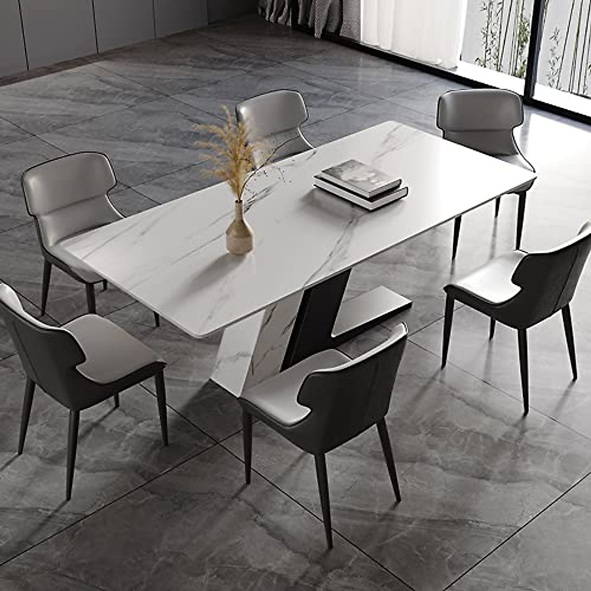 LITFAD Modern Sintered Stone Top Dining Table Rectangle Dinette Table Stainless Steel Base Restaurant Table - White 63" L x 31.5" W Table Only(Not Including Chairs)