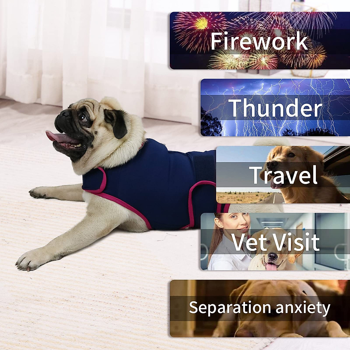 cattamao Dog Anxiety Relief Coat, Dog Anxiety Calming Vest Jacket for Thunderstorm,Travel, Fireworks,Vet Visits (Medium, Navy)