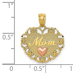14k Two-Tone Mom Word Small Rose Gold Heart On Large Yellow Gold Filigree Border Heart Pendant 20 mm x 17 mm