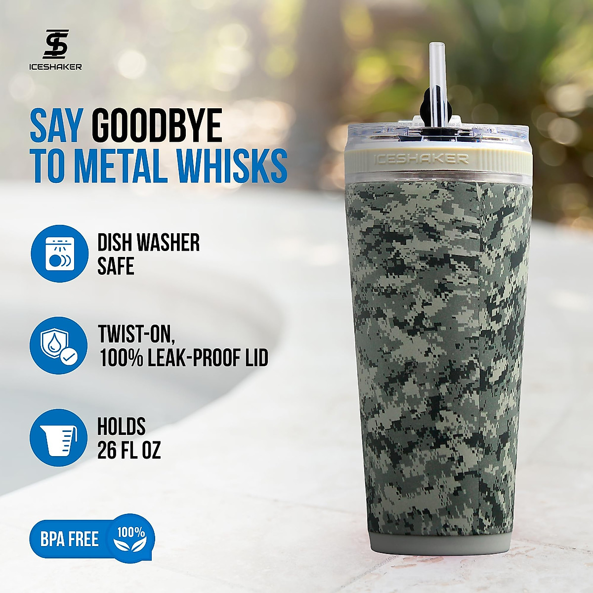 Ice Shaker Insulated Stainless Steel Tumbler | 20 oz, US Army Camo | 30+ Hours Cold & 12+ Hours Hot | Removable Straw and Drink Spout | Odor-Free Tumbler Cup Water, Coffee, Tea, Smoothies, Cocktails