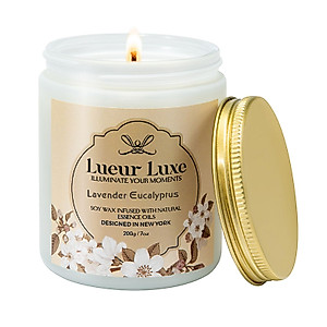 LUEUR LUXE Lavender Eucalyptus Scented Soy Wax Candle - 7oz | Aromatherapy Infused with Natural Essential Oils | Relaxing Home Fragrance