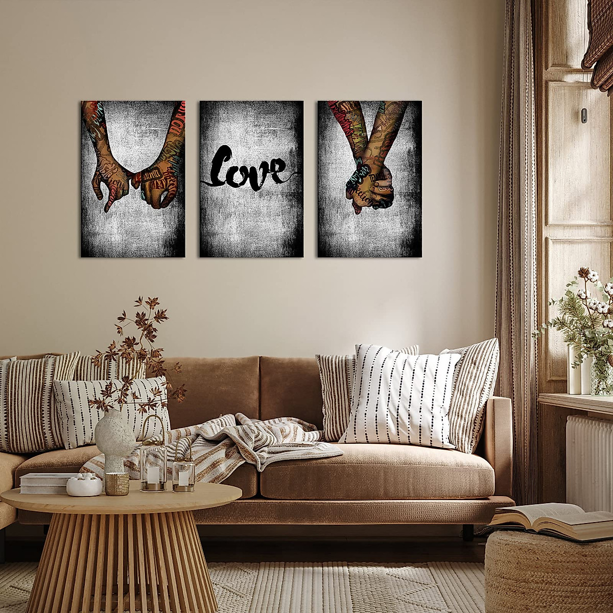 sechars Graffiti Canvas Wall Art Love Hand in Hand Painting Poster Print Abstract Pop Art for Bedroom over The Bed Decoration Lover Artwork Framed Ready to Hang 16x24inchx3PCS