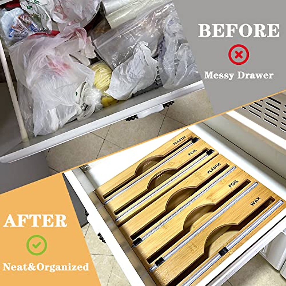 Foil and Plastic Wrap Organizer-3 in 1 Bamboo Plastic Wrap Dispenser with Slide Cutter and Labels Aluminum Foil Wax Paper Parchment Holder for Kitchen Drawer and Wall Mount,Compatible with 12" Roll