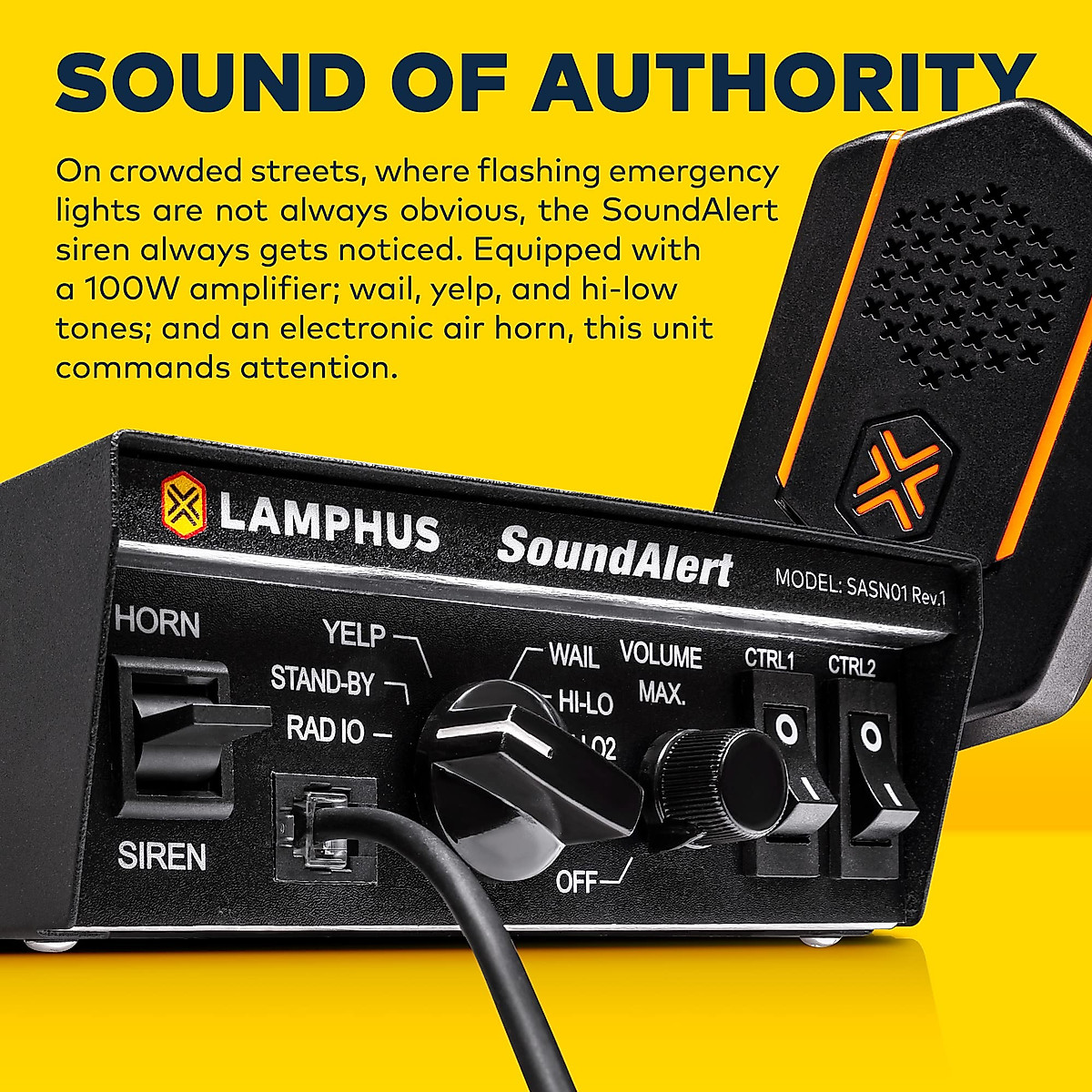 SoundAlert 100W Emergency Police Siren Amplifier [2 x 20A Switch Control] [Hands-Free Air Horn] [PTT Mic] [Radio Rebroadcast] Warning PA System for Emergency Vehicles Trucks Cars Warning Lights