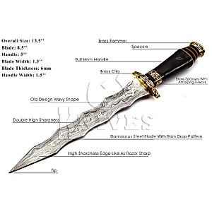 NoonKnives: custom Hand Made Damascus Steel Collectible wavy dagger Knife Handle bull horn with Brass Inserts (Black)