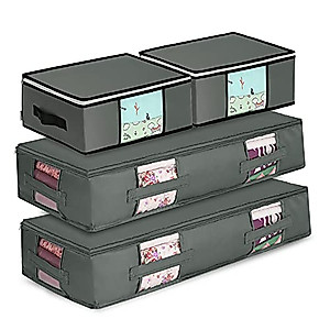 NUZYZ Large Underbed Storage Bags Organizer Capacity Box with Sturdy Zippers Clothes organizer Reinforced Handles and Clear windows for Store Blankets, Bedding, Clothes, Polyester Blend (4Pcs, Dark Gray 2Big 2Small)