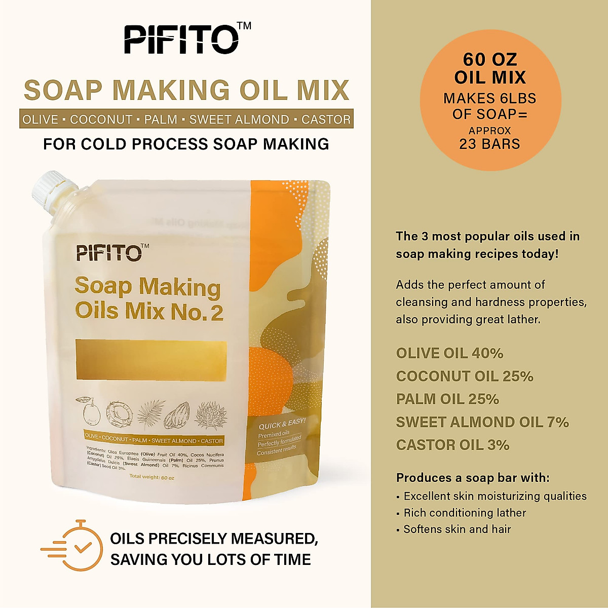 Pifito Soap Making Oils Mix No. 2 │ 60 Oz Quick Mix Blend of Pre-Measured Oils for Cold Process Soap Making Supplies