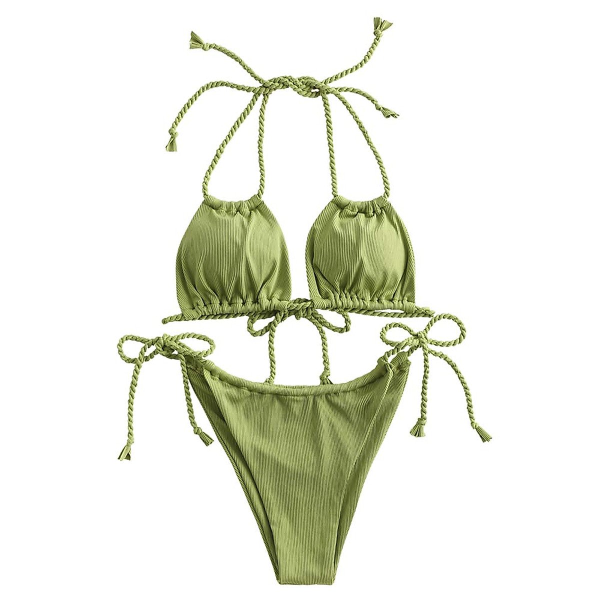ZAFUL Ribbed Sexy Halter Bikini for Women Multi Way Bikini Sets Tie Side High Cut Two Piece Swimsuit Green M