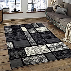 Modern Contemporary Blocks Boxes Design Soft Indoor Area Rug Grey Carpet (7’ 8” X 10’ 8”)