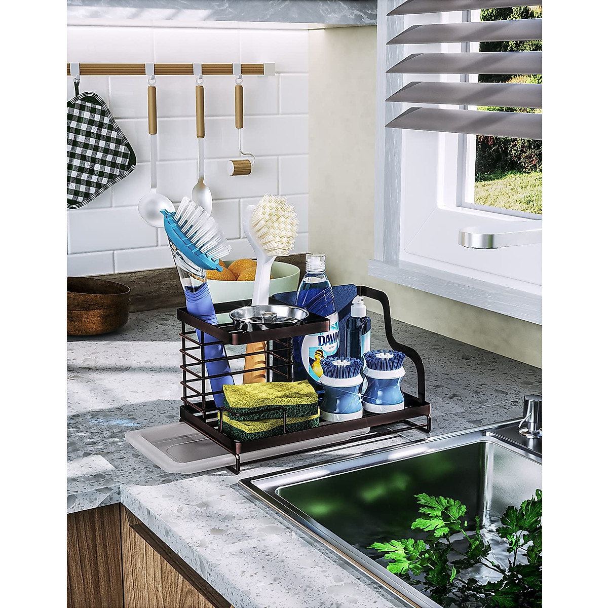 Consumest Sink Caddy Kitchen Sink Organizer, SUS304 Stainless Steel Sponge Holder for Kitchen Sink, Double-Layer Soap Sponge and Brush Holder with Removable Drain Tray, Bronze