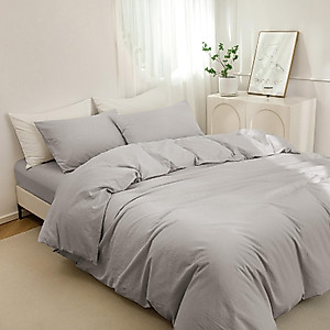 JIYUAN 100% Washed Cotton Duvet Cover Set Comfy Simple Style Soft Breathable Textured Durable Linen Feel Bedding for All Seasons King, Cream Grey