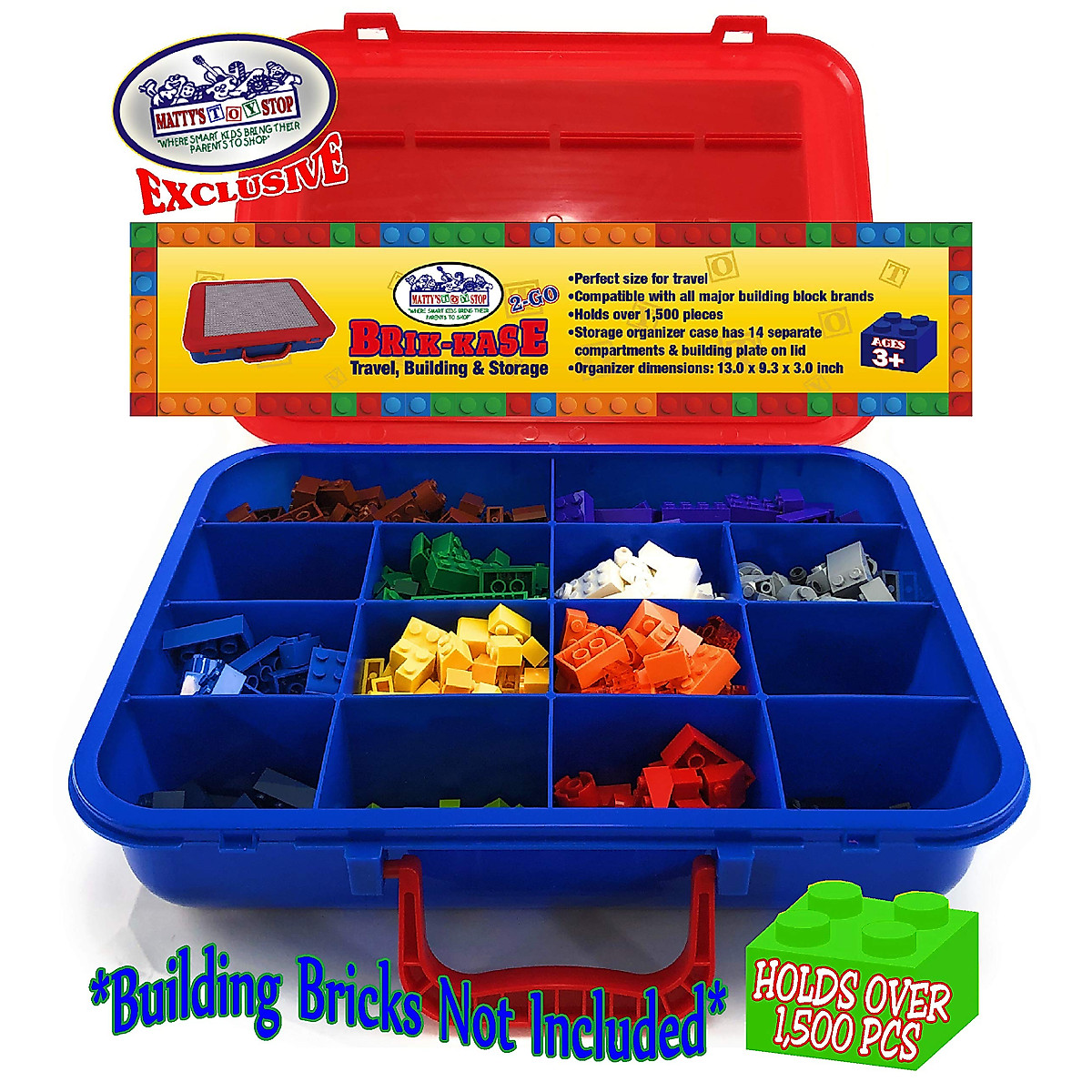 Matty's Toy Stop Brik-Kase 2-GO 13" Travel, Building, Storage & Organizer Container Case with Building Plate Lid (Holds Approx 1,500pcs) - Compatible With All Major Brands (Blue, Red & Gray)