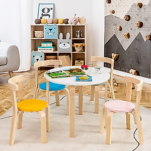 Costzon Kids Table and Chair Set, 5-Piece Wooden Activity Table w/ 4 Chairs, Toy Bricks, Classroom Playroom Daycare Furniture for Playing, Drawing, Reading, Bentwood Toddler Table & Chairs (Assorted)