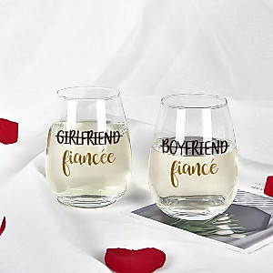 Modwnfy Boyfriend and Girlfriend Wine Glass, Fiance and Fiancee Stemless Wine Glass 15Oz, Engagement Gifts for Couples Fiance Fiancee Him Her (Set of 2)
