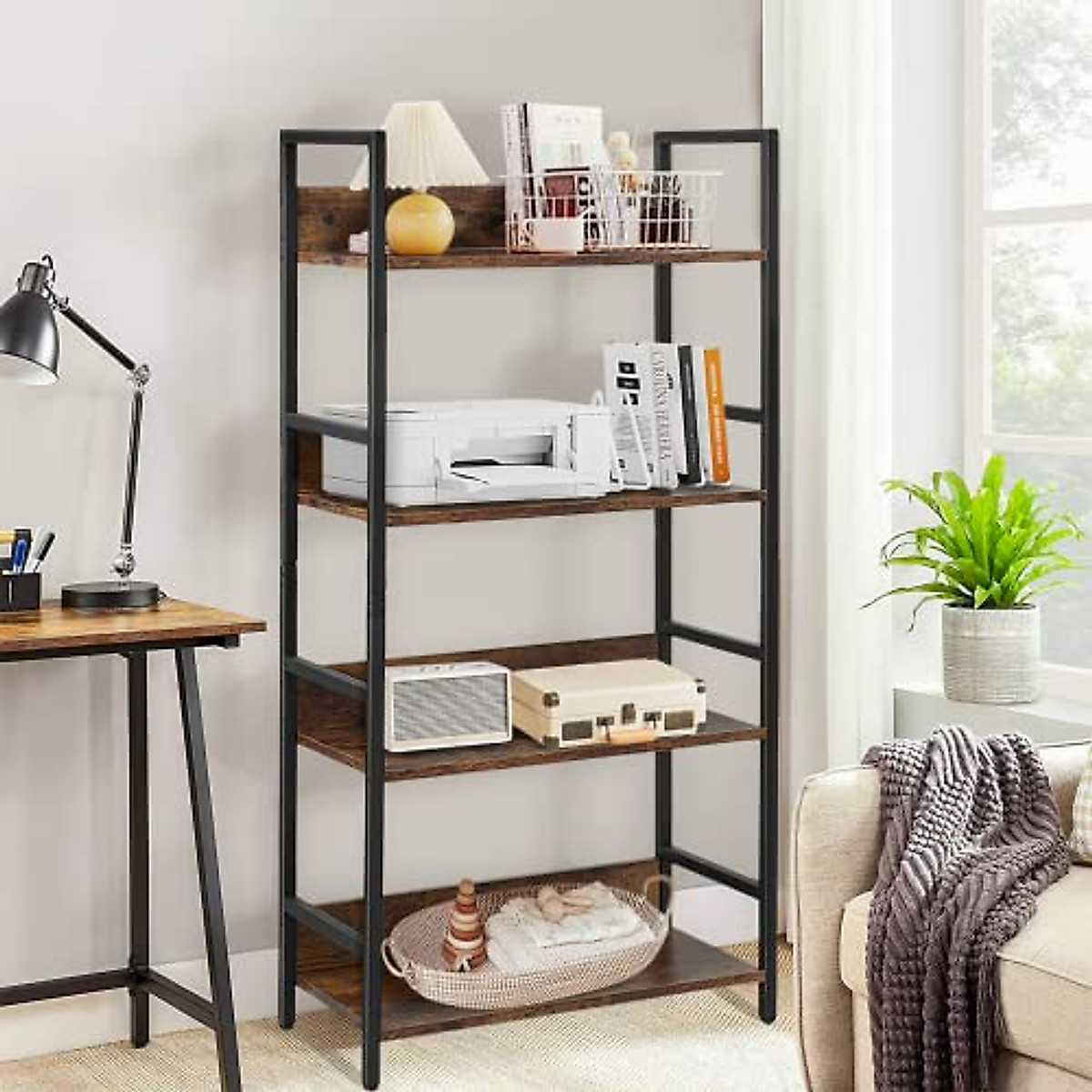 VANSPACE Bookshelf 4 Tier Industrial Bookcase Rustic Wood and Metal Standing Bookshelf with Back Panel Book Shelf for Bedroom, Home Office Storage Rack Shelf, Rustic Brown