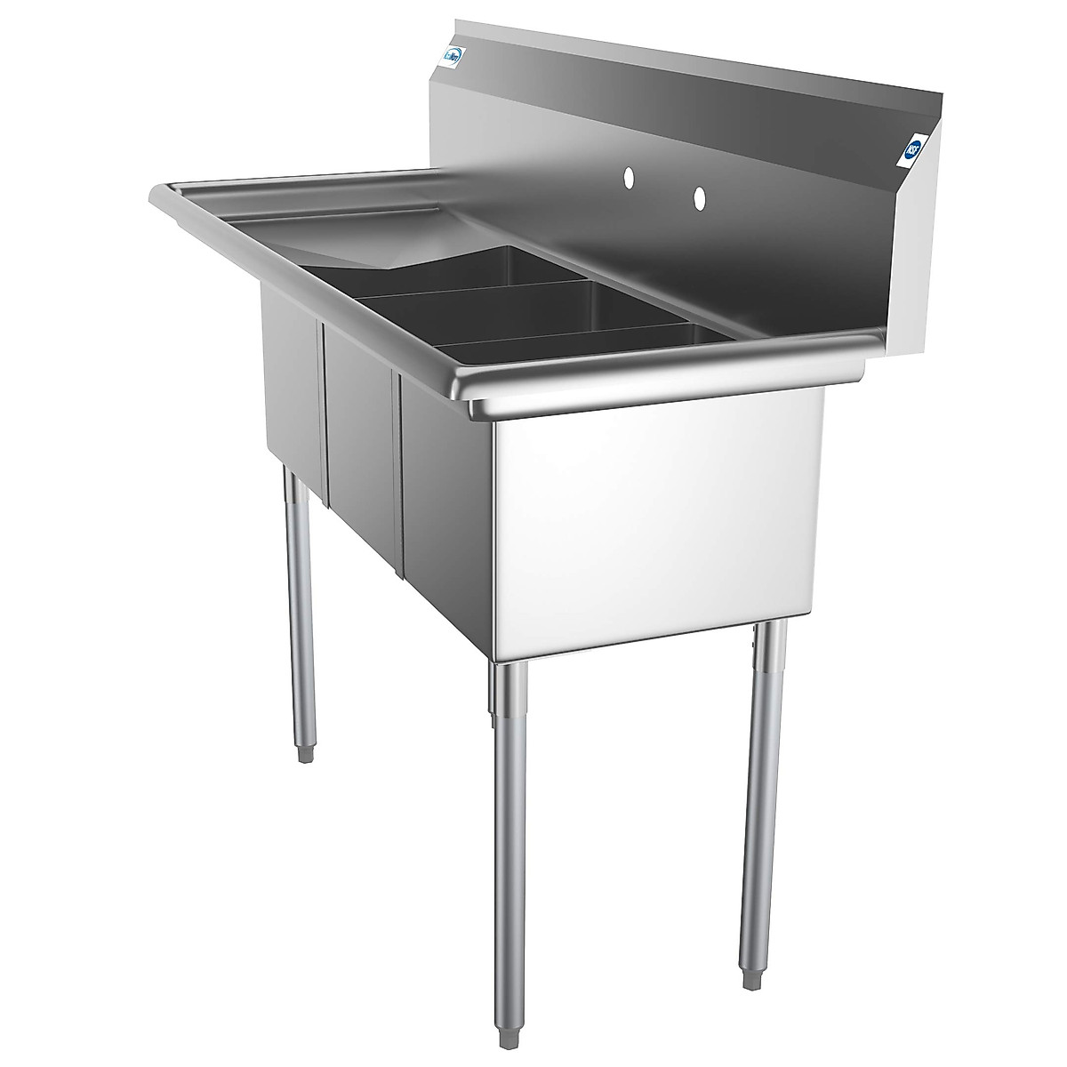 KoolMore 3 Compartment Stainless Steel Commercial Kitchen Sink with Large Drainboard - Bowl Size 12" x 16" x 10", Silver