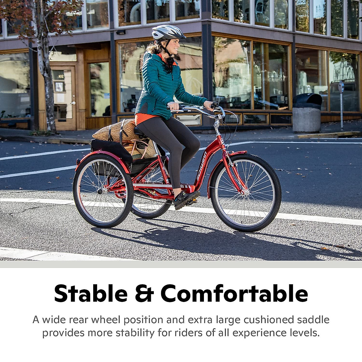 Schwinn Meridian Deluxe Adult Tricycle Bike, Mens and Womens Three Wheel Beach Cruiser, 26-Inch Wheels, Low Step-Through Frame, Wide Seat, Rear Folding Basket, 3-Speed, Red