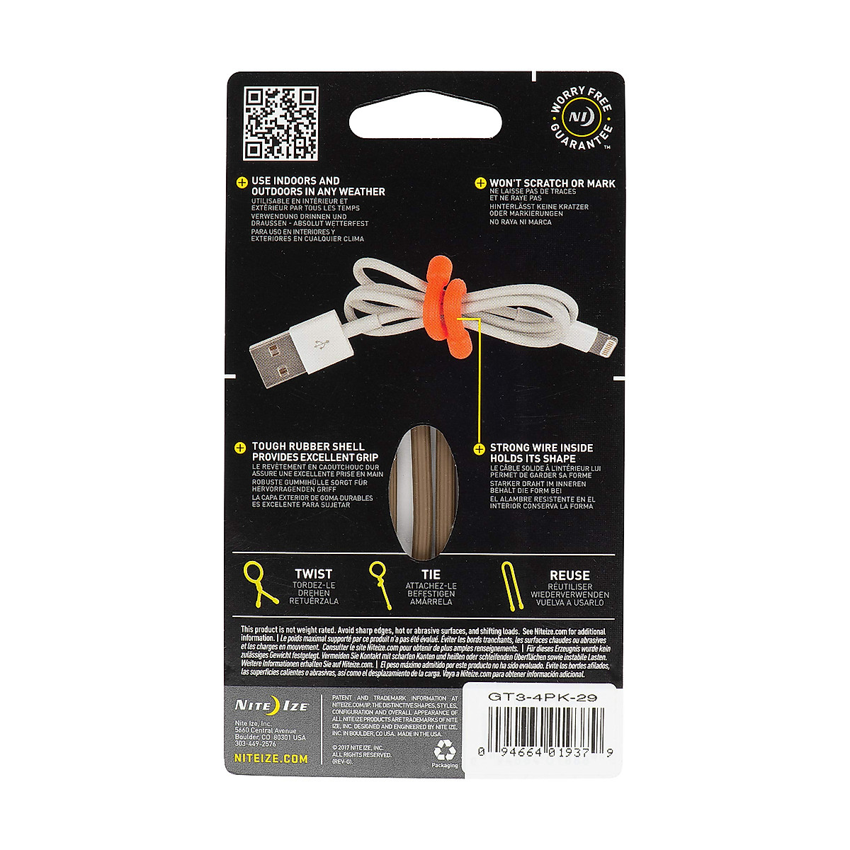 Nite Ize Original Gear Tie, Reusable Rubber Twist Tie, 3-Inch, Coyote, 4 Pack, Made in the USA