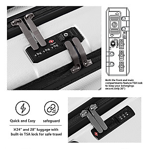AnyZip Carry On Luggage 20'' Suitcase with Pocket Compartment ABS+PC Spinner Wheels TSA Lock White